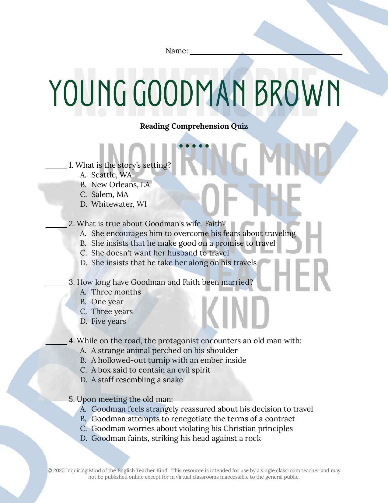 "Young Goodman Brown" by Nathaniel Hawthorne Quiz and Answer Key ...