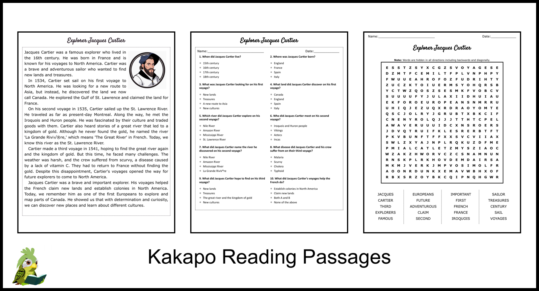 Explorer Jacques Cartier Reading Comprehension and Word Search ...