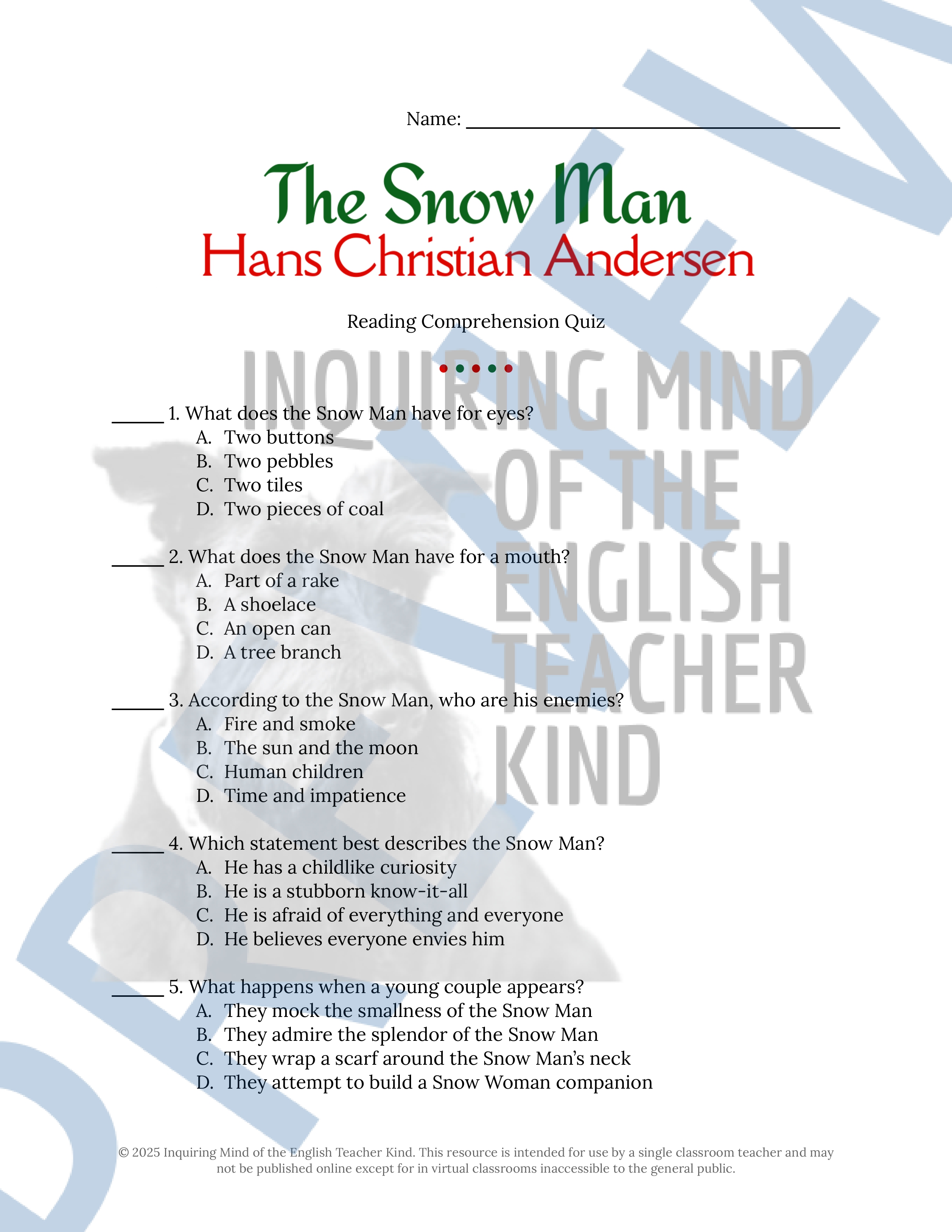 "The Snow Man" by Hans Christian Andersen Quiz and Answer Key | Winter ...