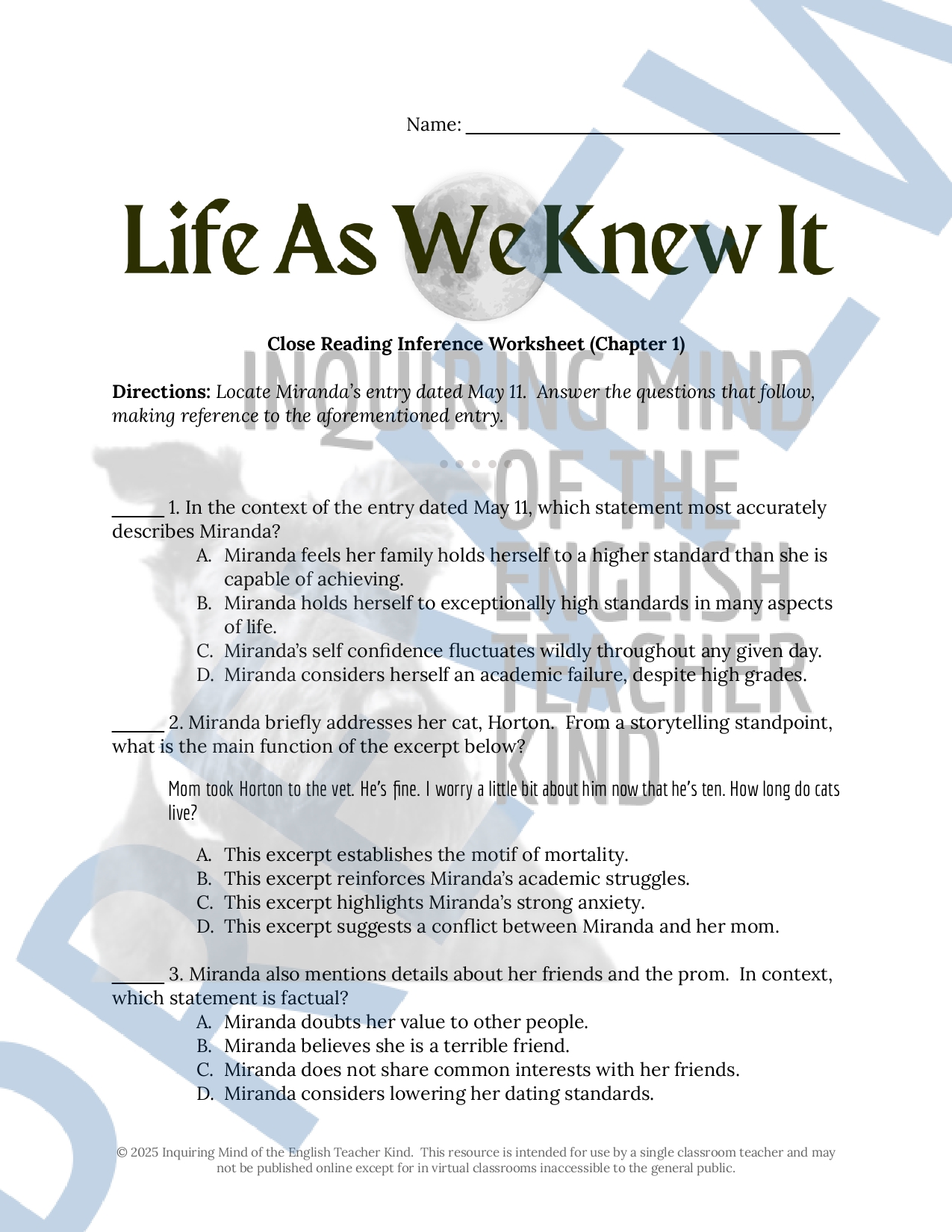 Life As We Knew It Chapter 1 Close Reading Inference Worksheet and ...