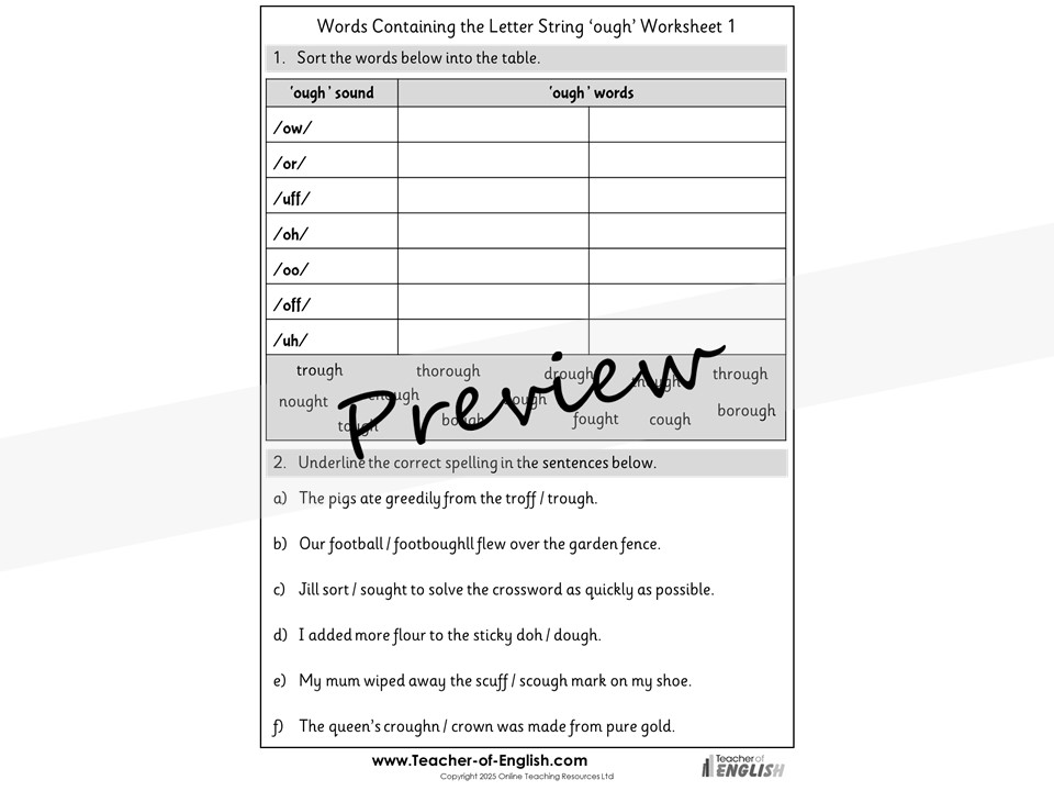 Words Containing the Letter String 'ough' - Years 5 and 6 | Teaching ...
