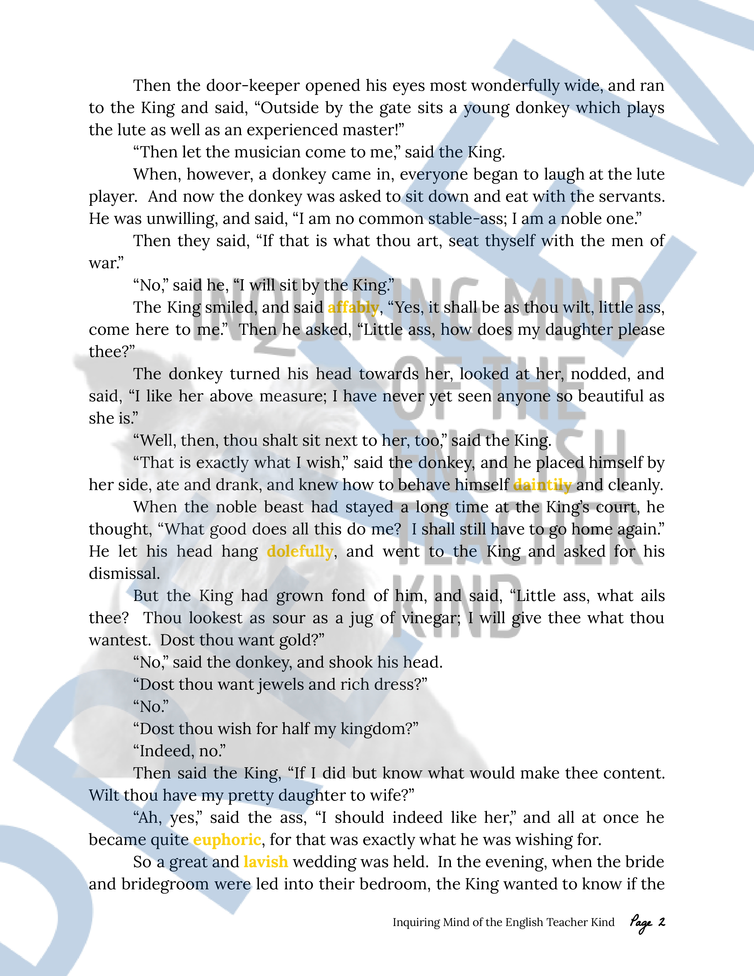 "The Donkey" Close Reading Analysis Worksheet | Grimm's Fairy Tale ...