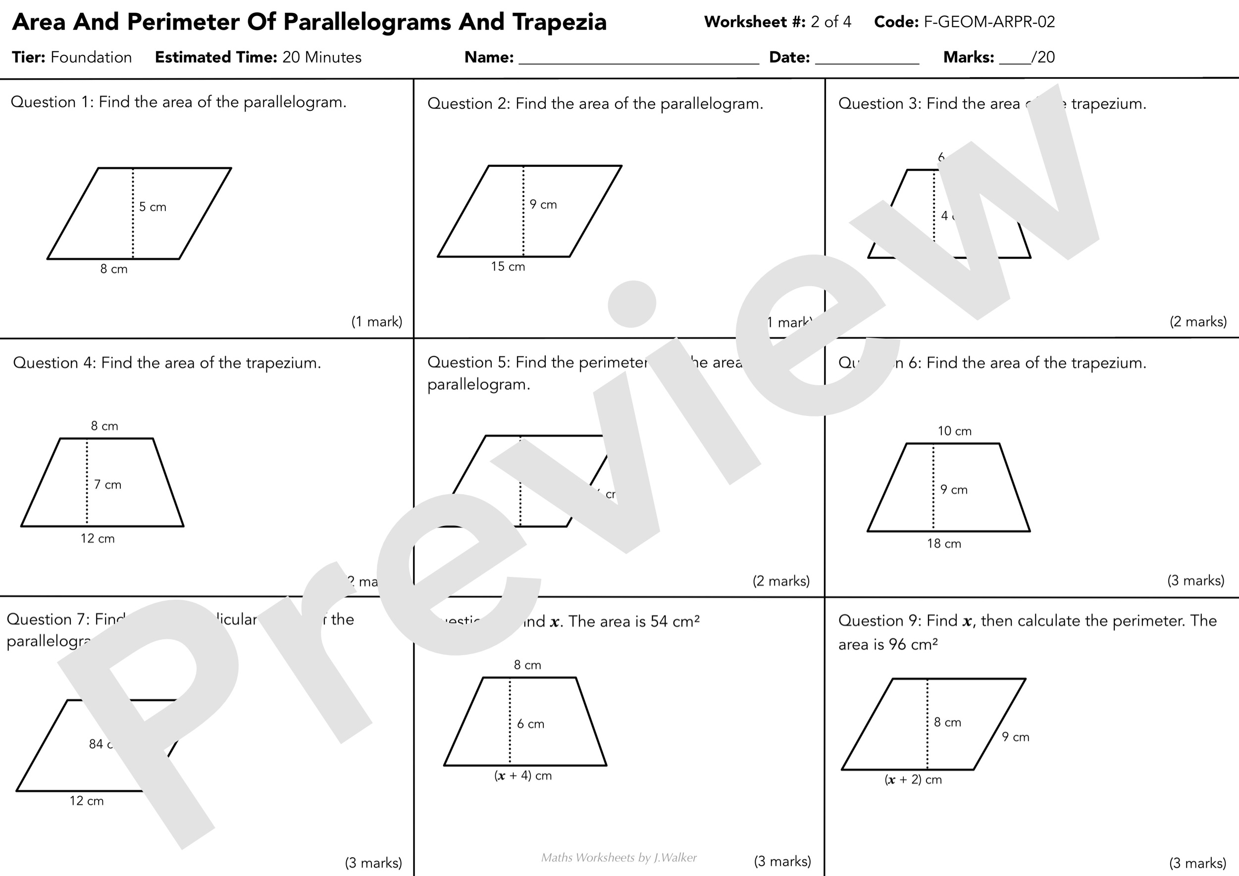 GCSE Maths Worksheet: Area and Perimeter of Parallelograms and Trapezia ...