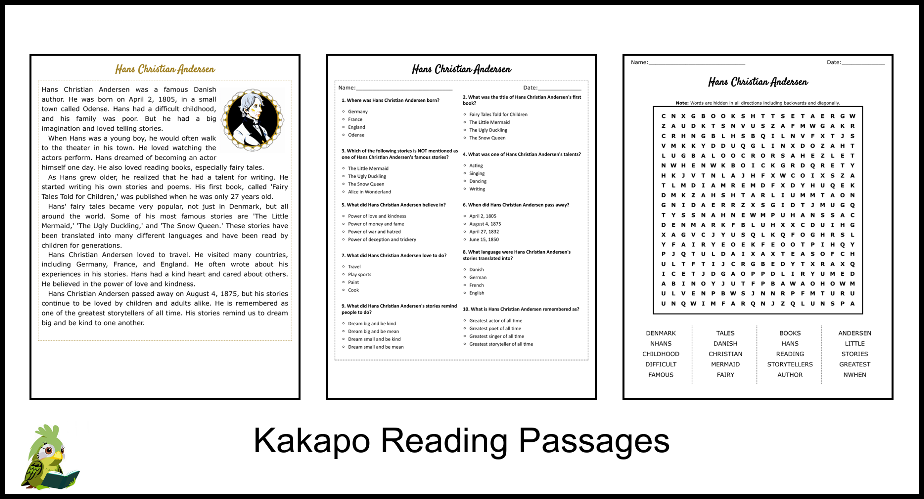 Hans Christian Andersen Reading Comprehension and Word Search ...