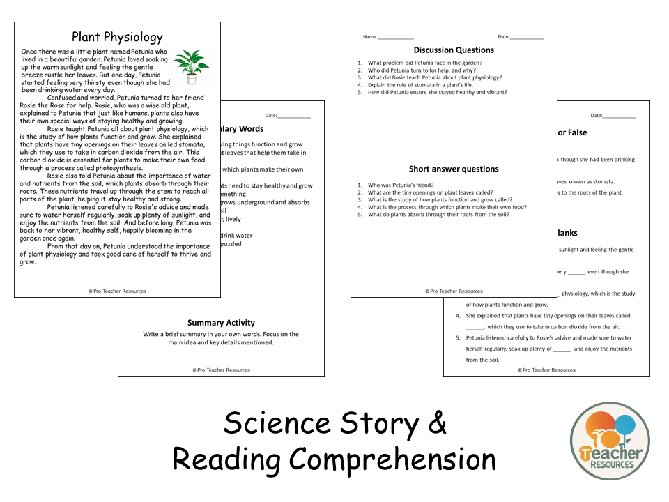 Plant Physiology Reading Science Story Comprehension Questions ...