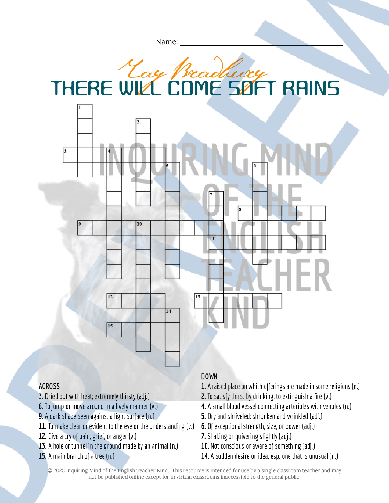 "There Will Come Soft Rains" by Ray Bradbury Vocabulary Games ...