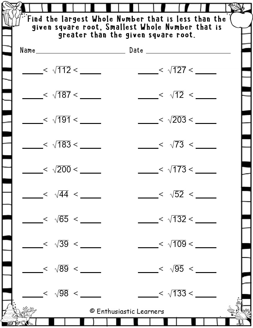 Greater Than, Less Than with Radicals or Square Roots (Up to 250) Find ...