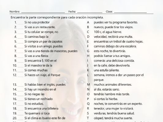 Conditional Sentences Types 0 & 1 Sentence Match Spanish Worksheet ...