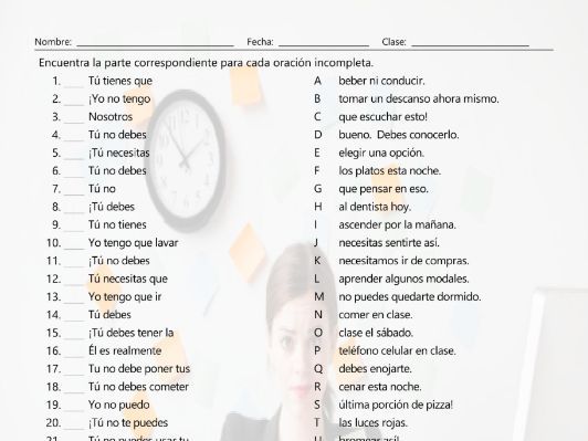 Modals of Obligation, Necessity and Prohibition Sentence Match Spanish ...
