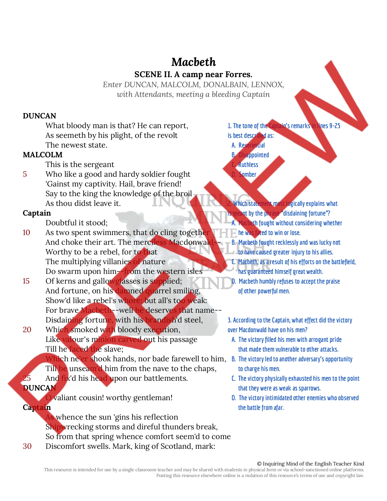 Macbeth Act 1 Scene 2 Close Reading Worksheet | Teaching Resources