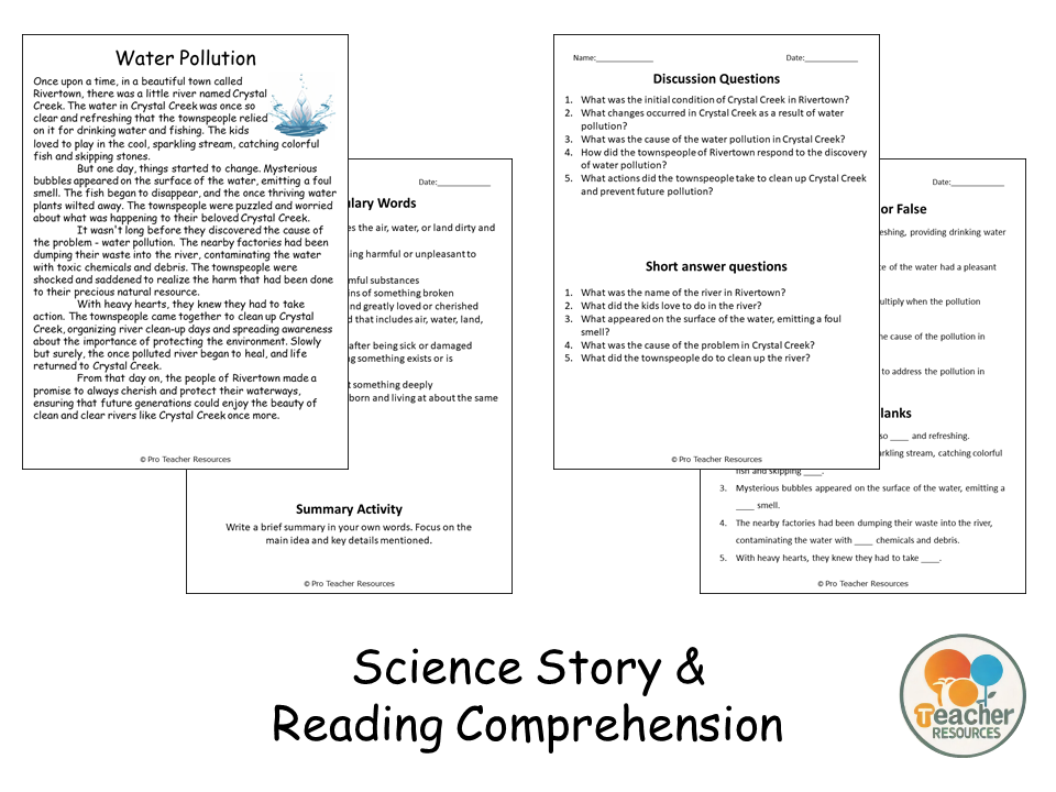 Water Pollution Reading Science Story Comprehension Questions Worksheet ...
