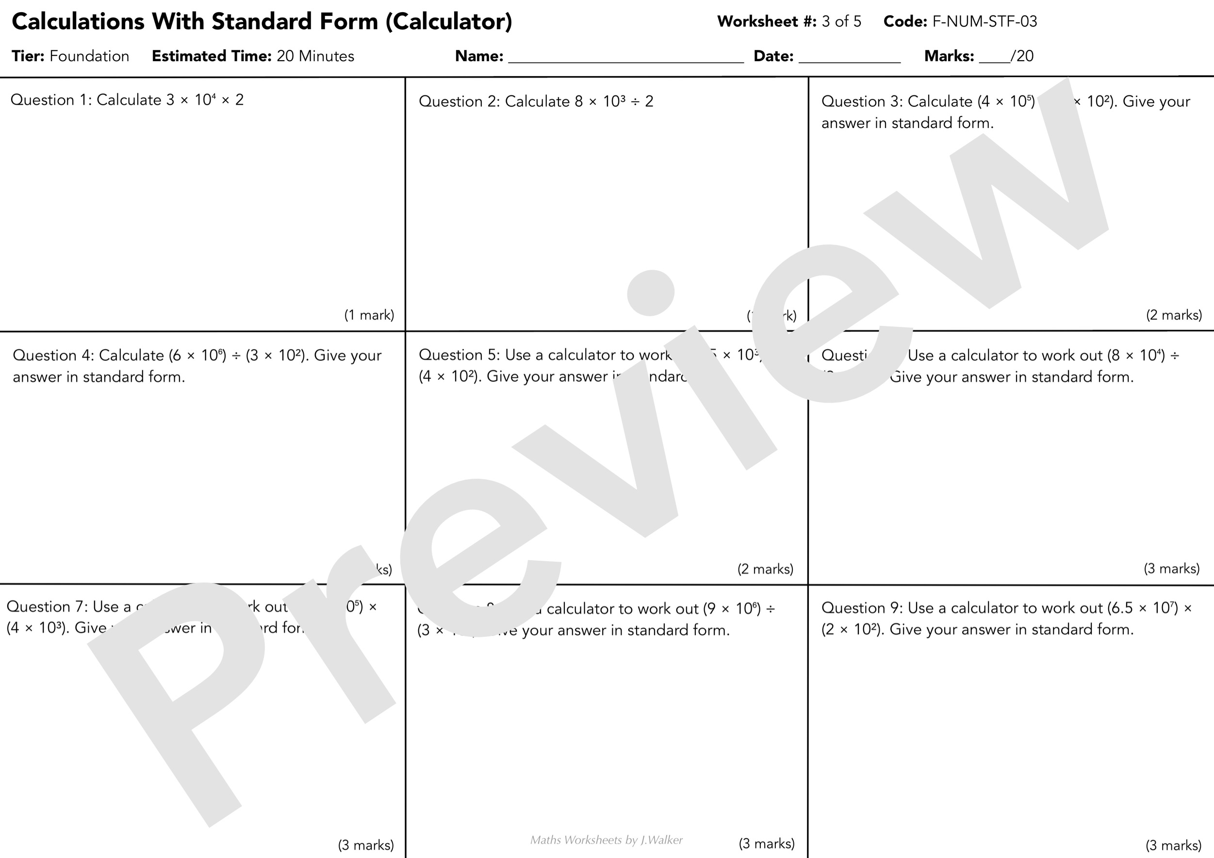 GCSE Maths Worksheet: Calculating With Standard Form (Calculator ...