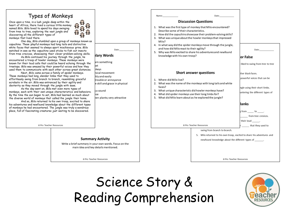 Types of Monkeys Reading Science Story Comprehension Questions ...