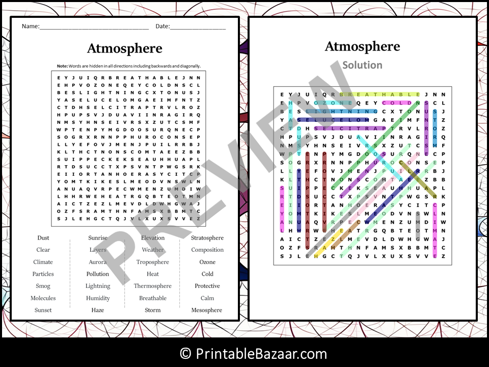 Atmosphere Word Search Puzzle Printables - Word Search Maker