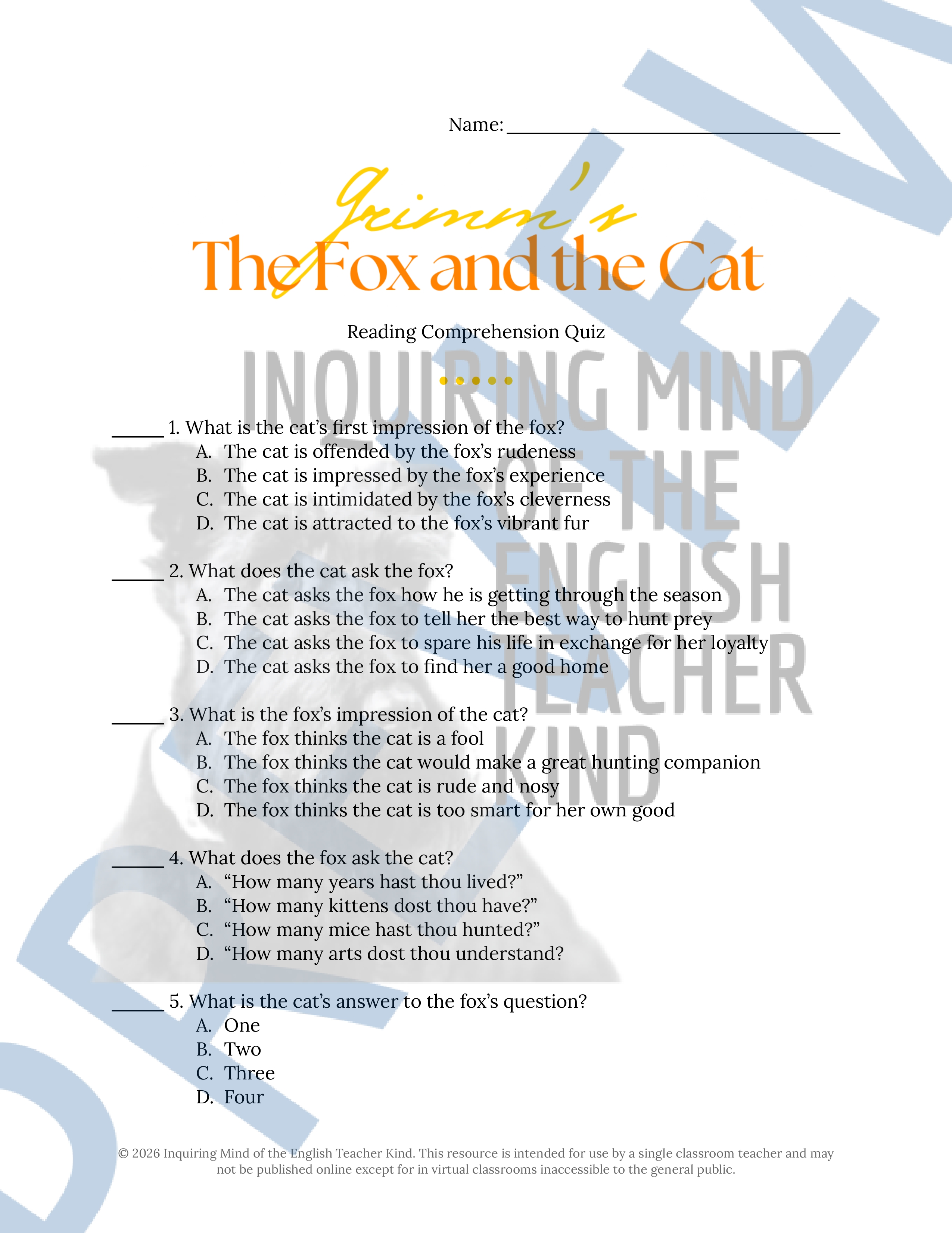 "The Fox and the Cat" Quiz and Answer Key | Brothers Grimm Fairy Tale ...