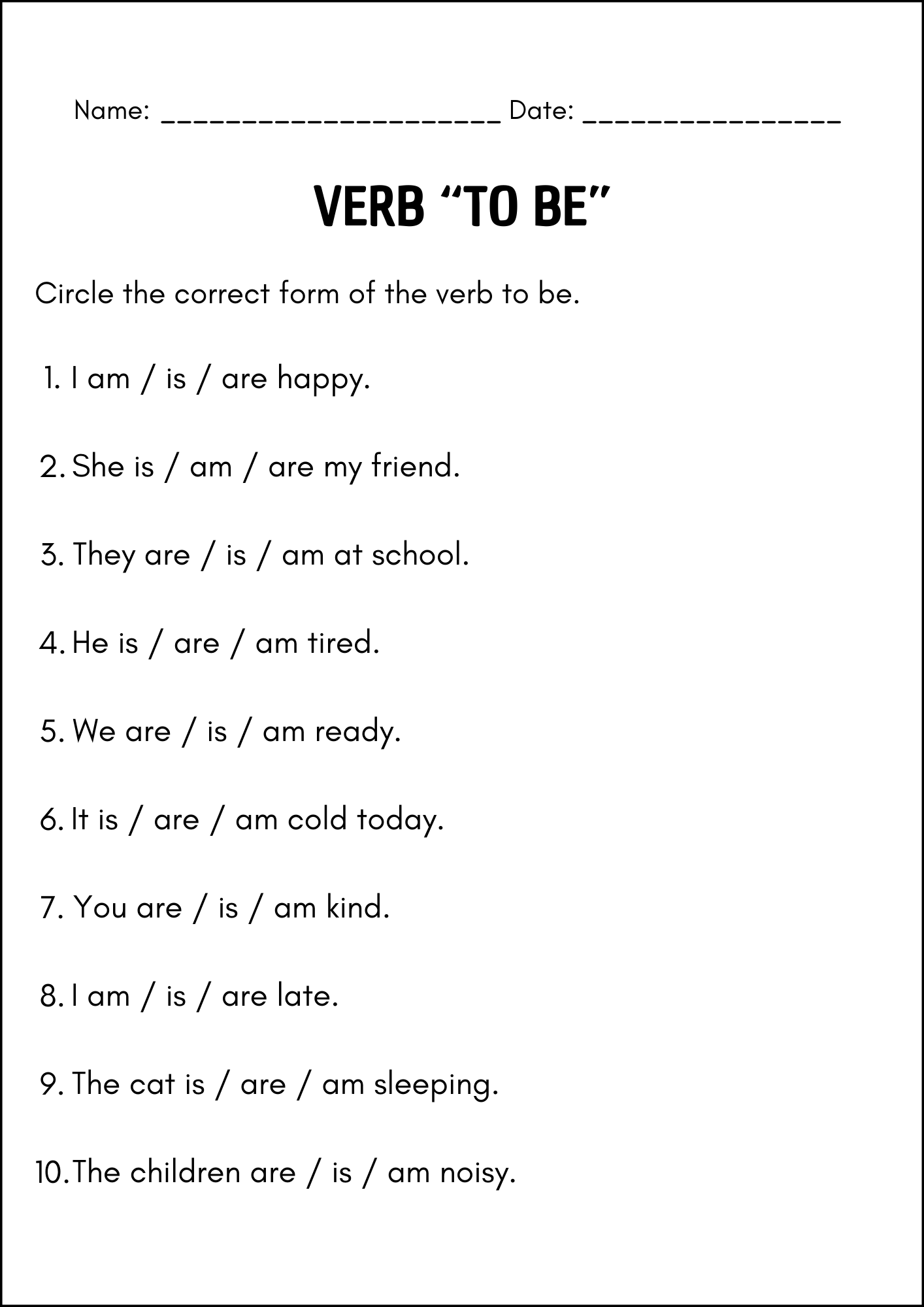 Verb “To Be” Worksheets Printable | Is – Am – Are Grammar Practice ...