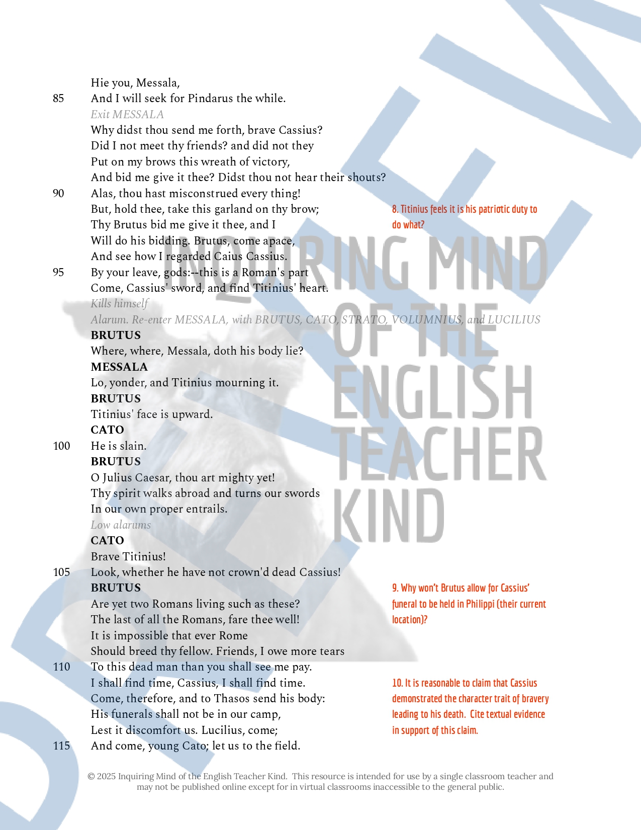 Julius Caesar Act 5 Scene 3 Close Reading Analysis Worksheet and Answer ...