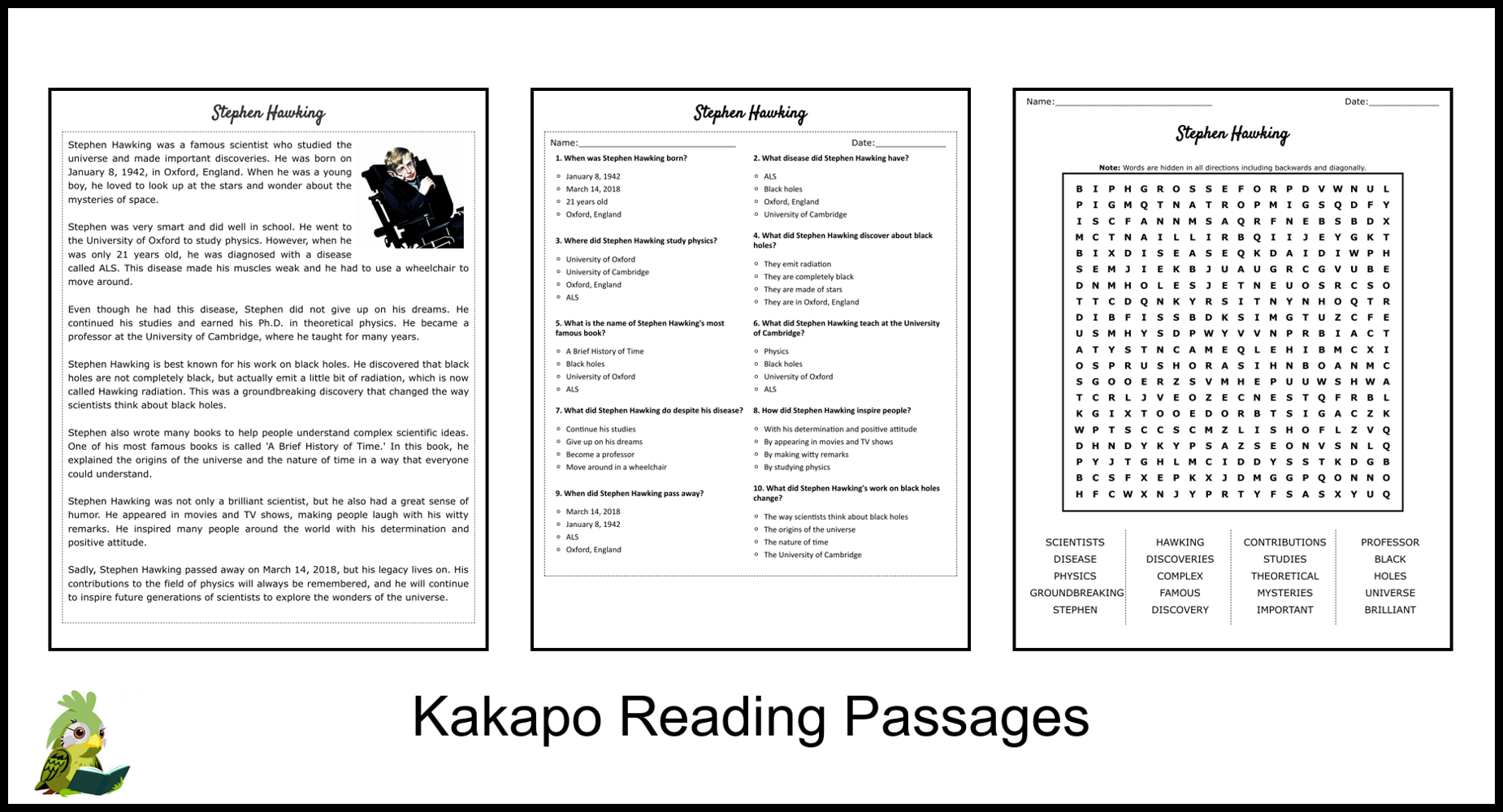 Stephen Hawking Reading Comprehension and Word Search | Teaching Resources