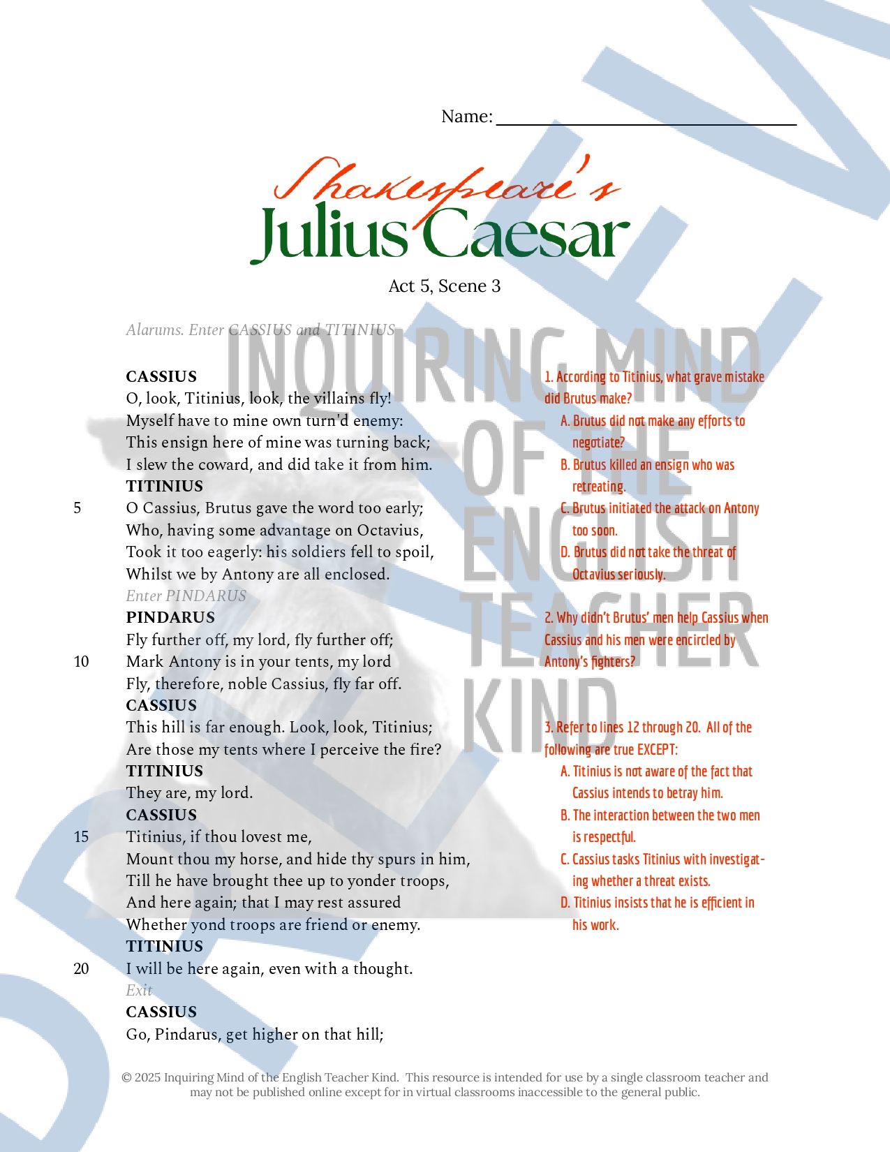 Julius Caesar Act 5 Scene 3 Close Reading Analysis Worksheet and Answer ...