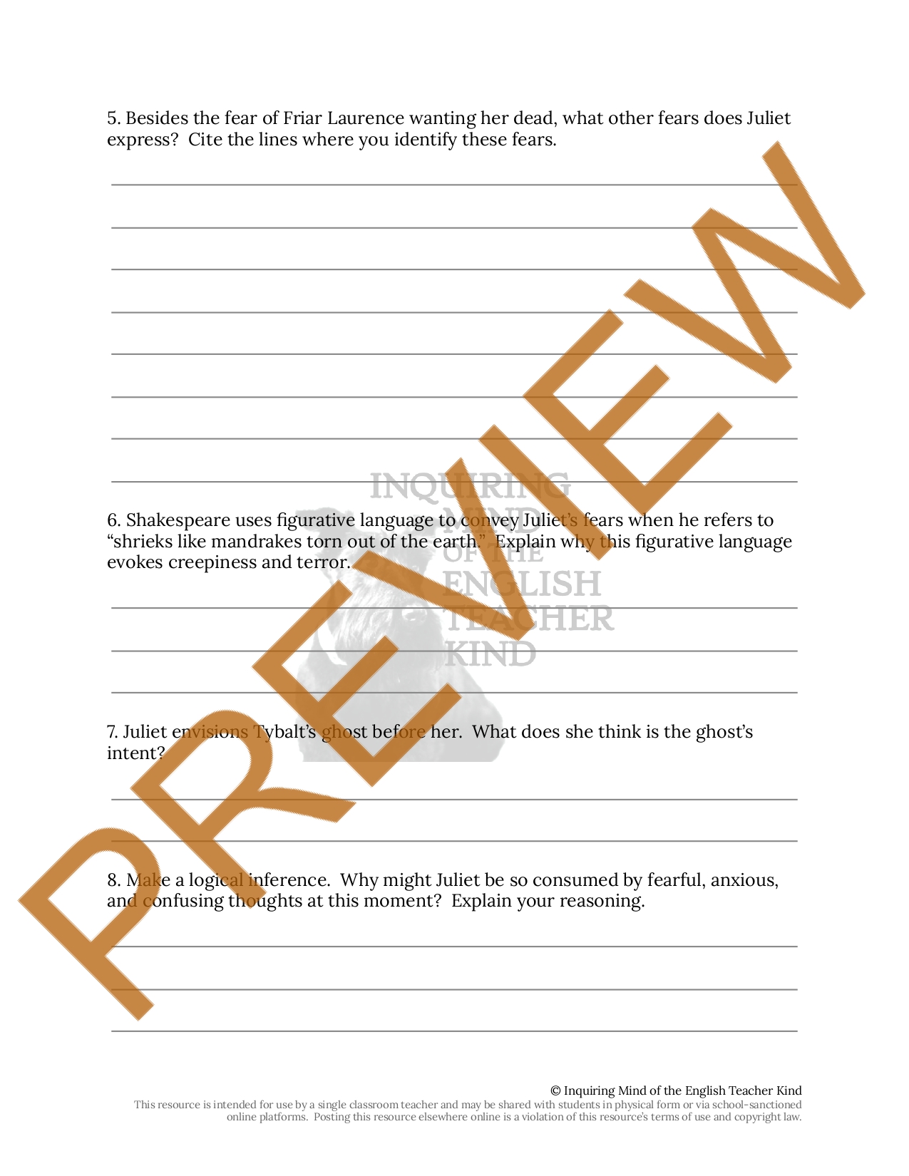 Romeo and Juliet Act 4 Scene 3 Close Reading Worksheet | Teaching Resources