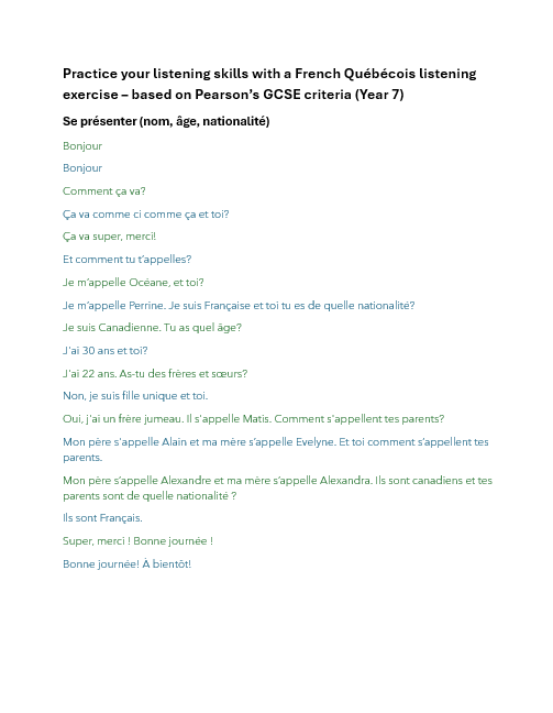 French Listening Exercice Y7 - Pearson IGCSE | Teaching Resources