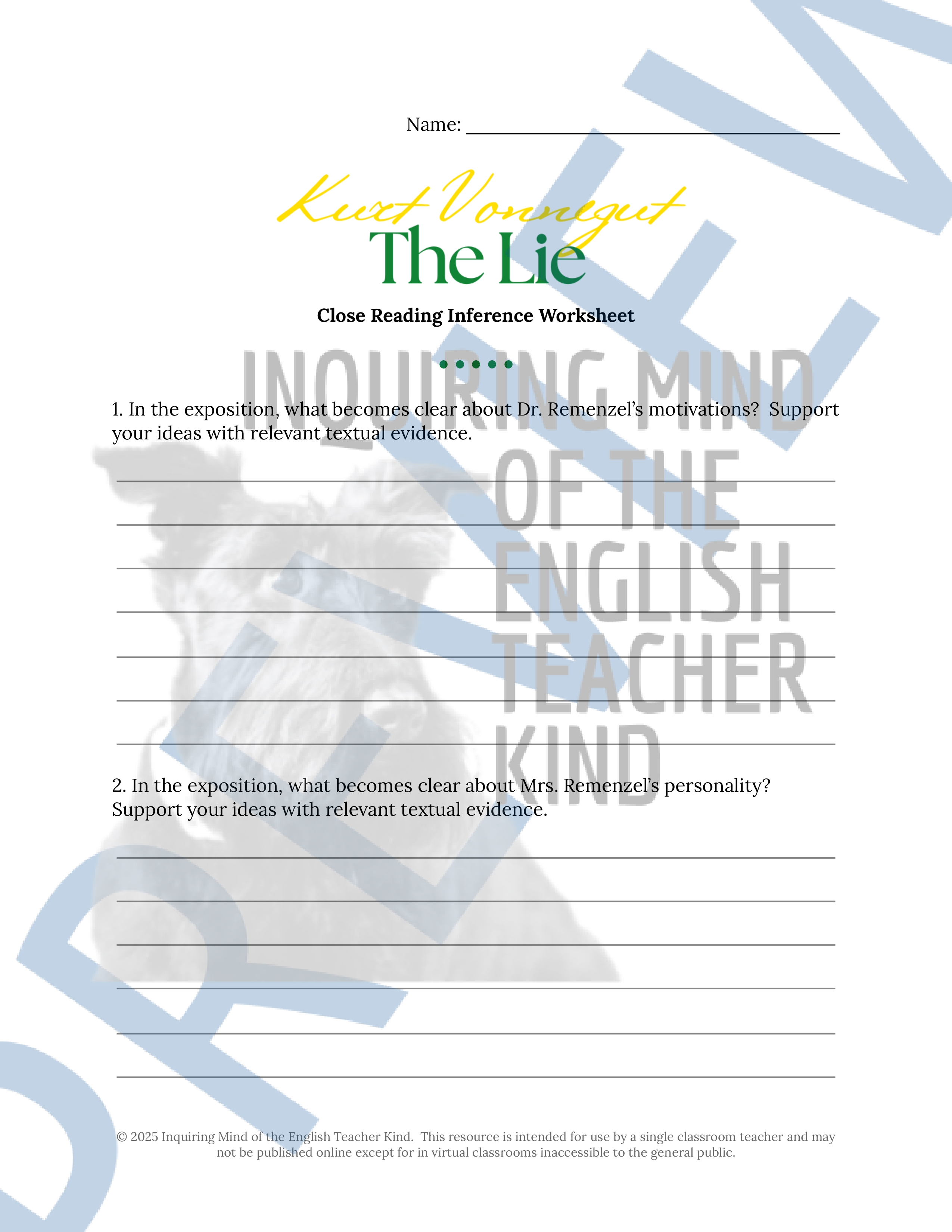 "The Lie" by Kurt Vonnegut Close Reading Analysis Worksheet and Answer ...