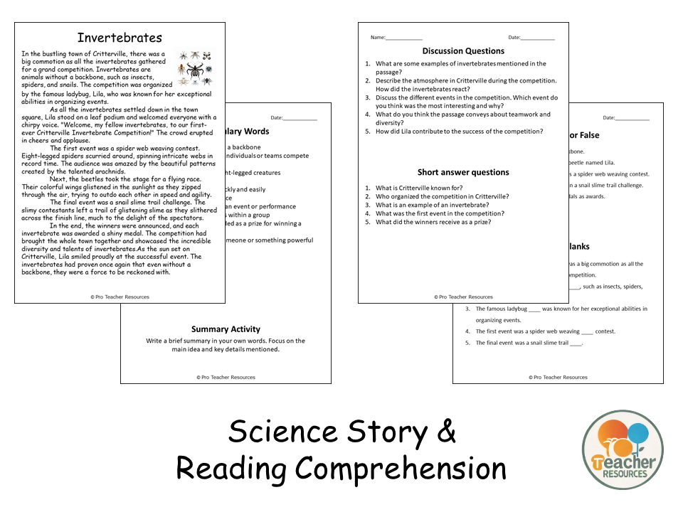 Invertebrates Reading Science Story Comprehension Questions Worksheet ...