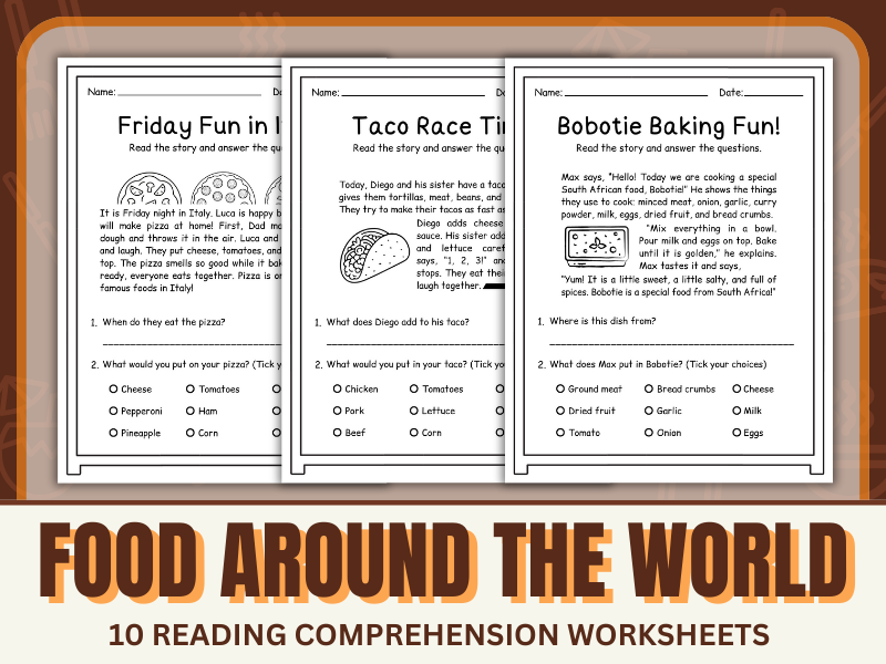 Food Around the World - 10 Reading Comprehension Worksheets | Teaching ...