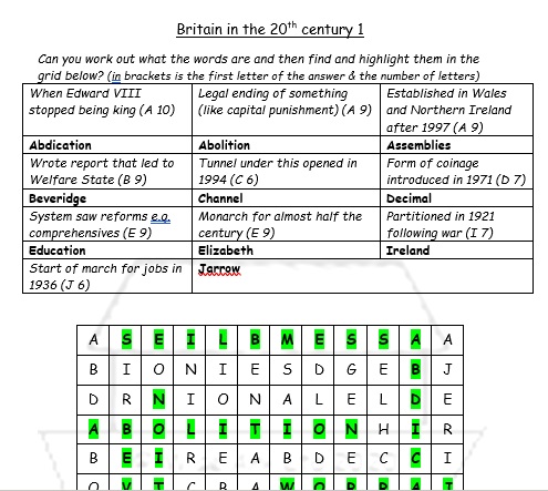 Britain and the 20th century word searches & quiz combined | Teaching ...