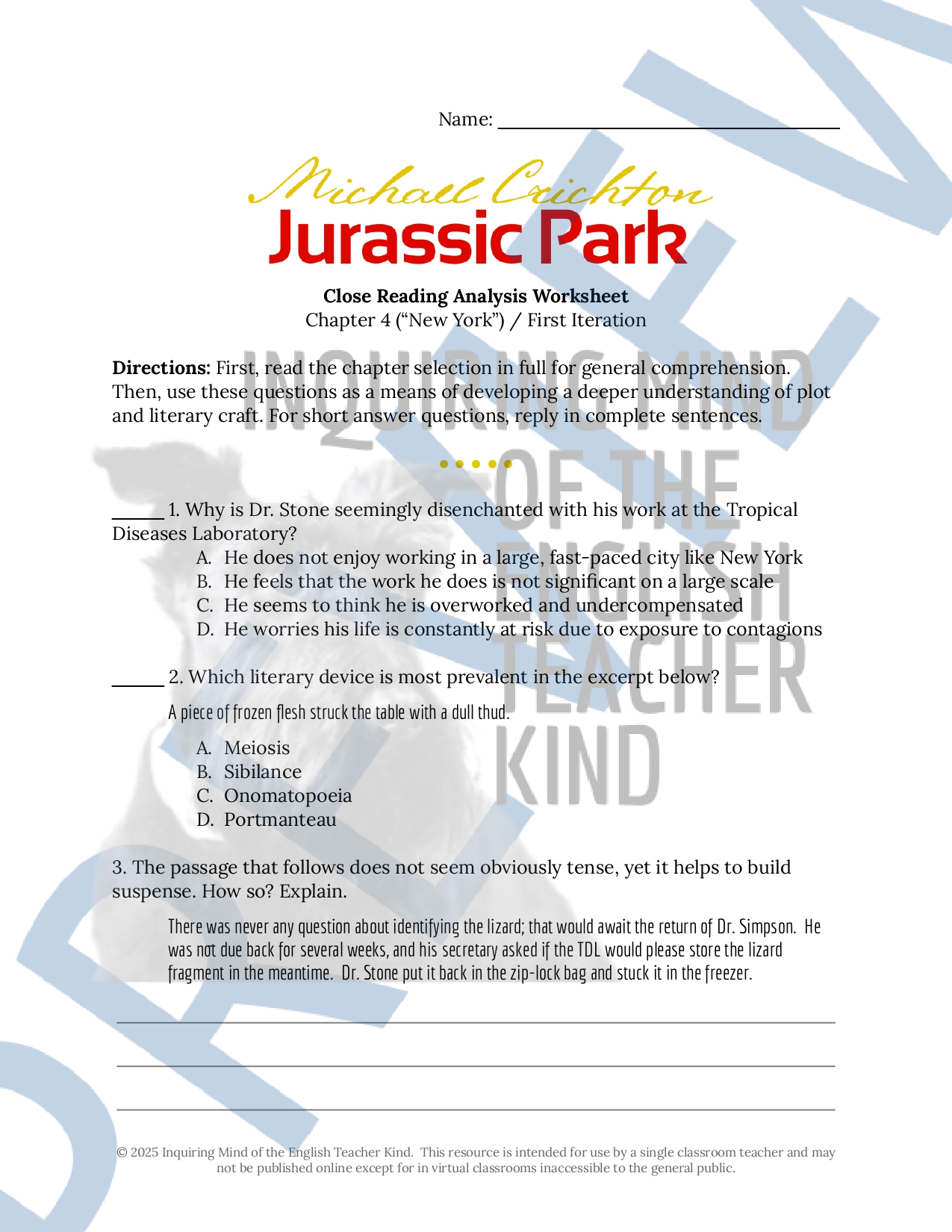 Jurassic Park by Michael Crichton Chapter 4 Close Reading Analysis ...