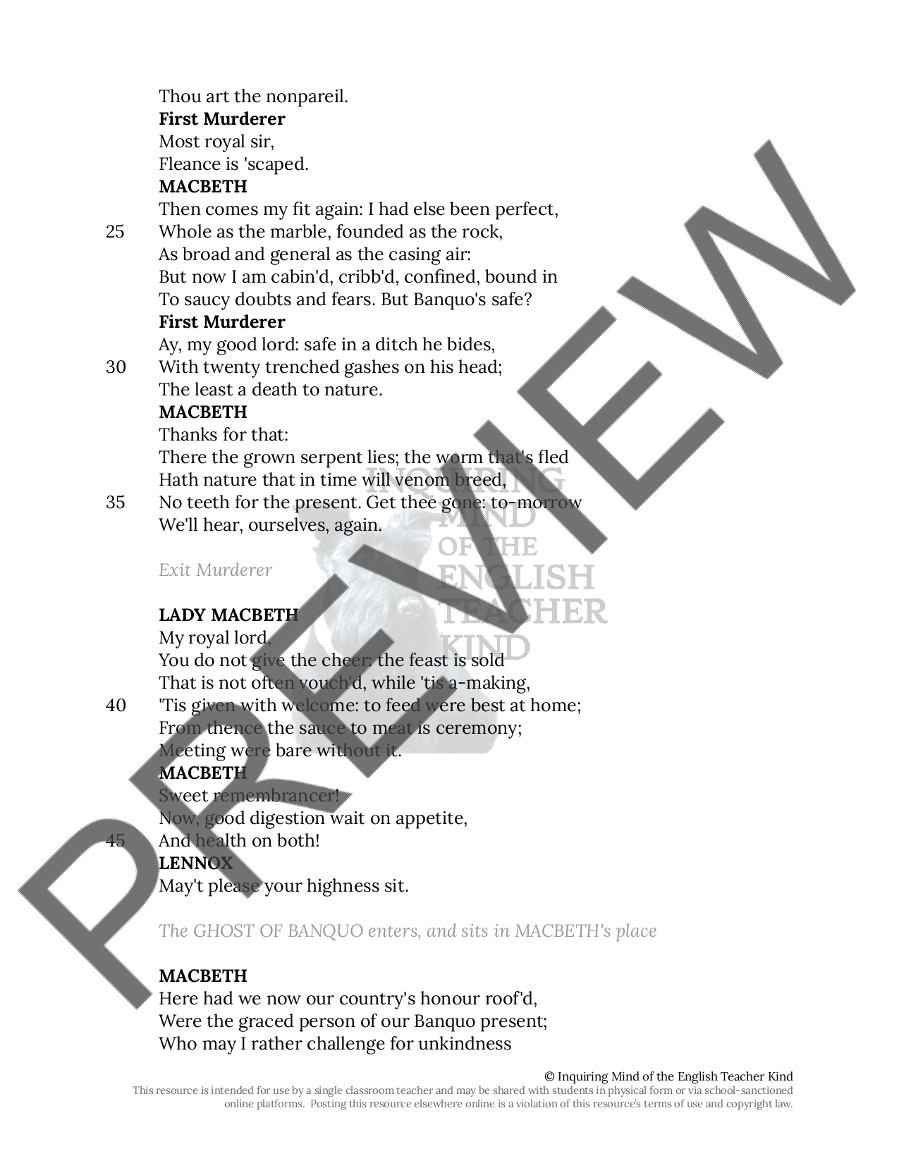 Macbeth Act 3 Scene 4 Close Reading Worksheet | Teaching Resources