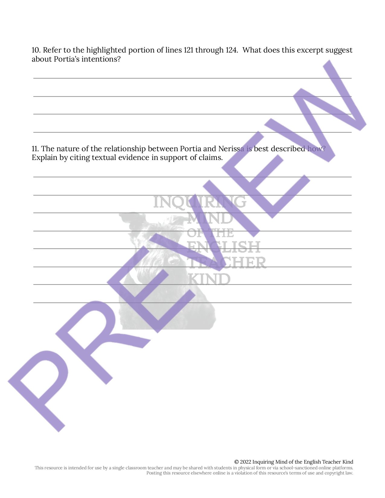 The Merchant of Venice Act 1 Scene 2 Close Reading Analysis Activity ...