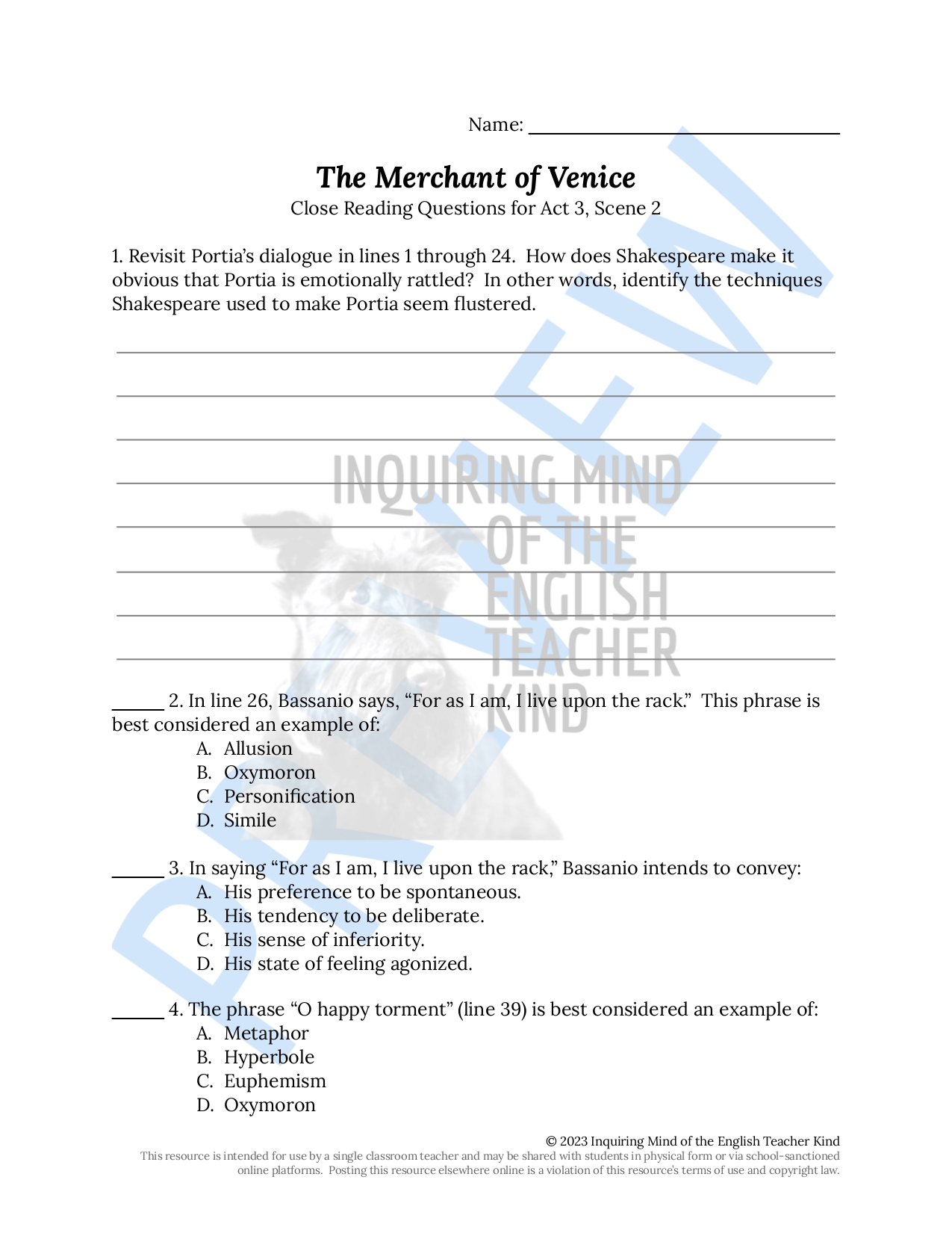 The Merchant of Venice Act 3 Scene 2 Close Reading Analysis Activity | Teaching Resources
