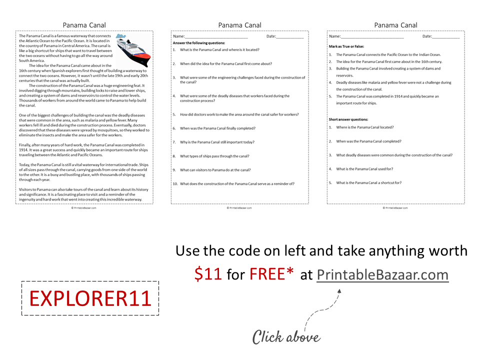 Panama Canal Reading Comprehension Passage Printable Worksheet ...