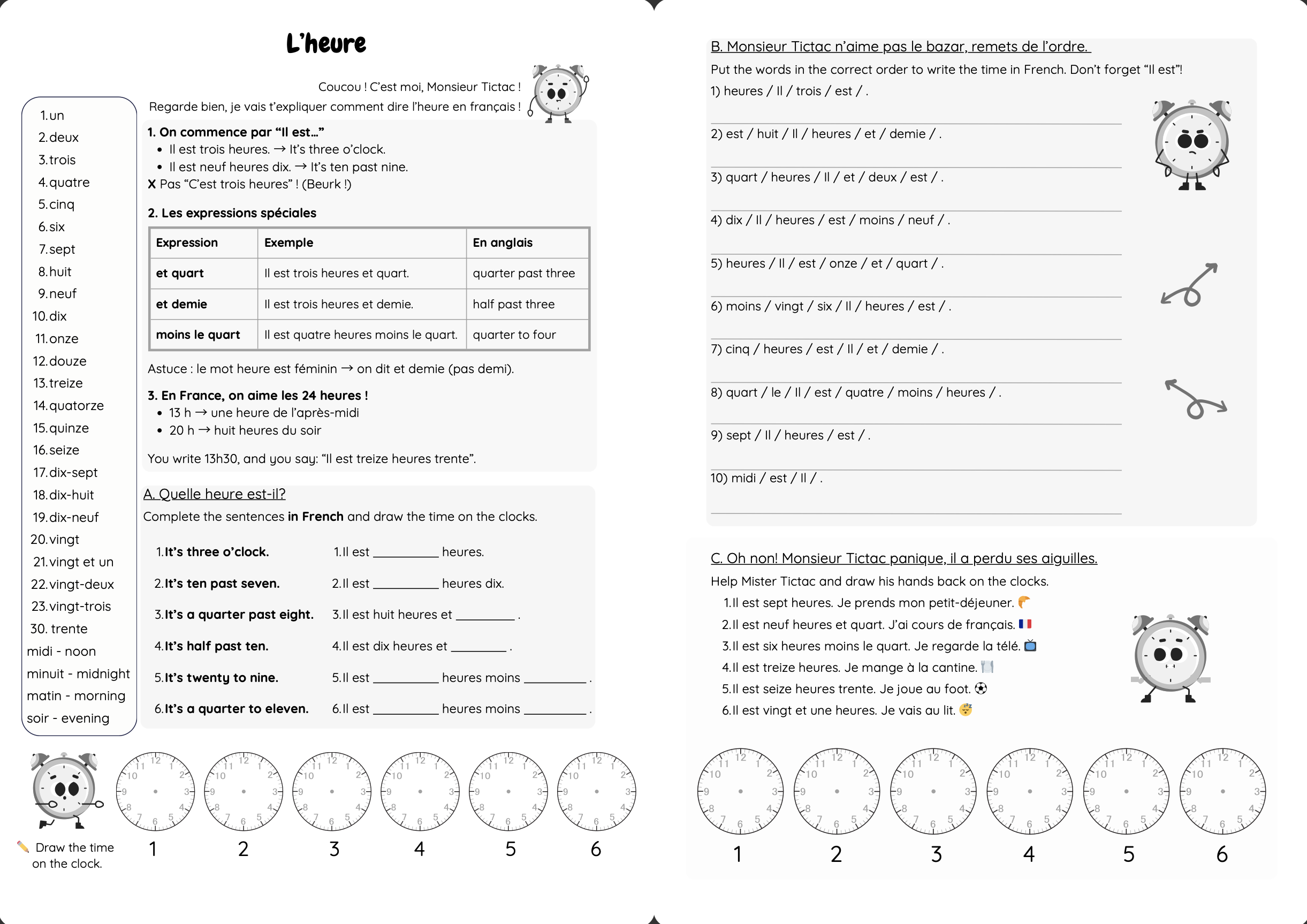 L’heure – Telling the time with Monsieur Tictac – KS3 French worksheet ...