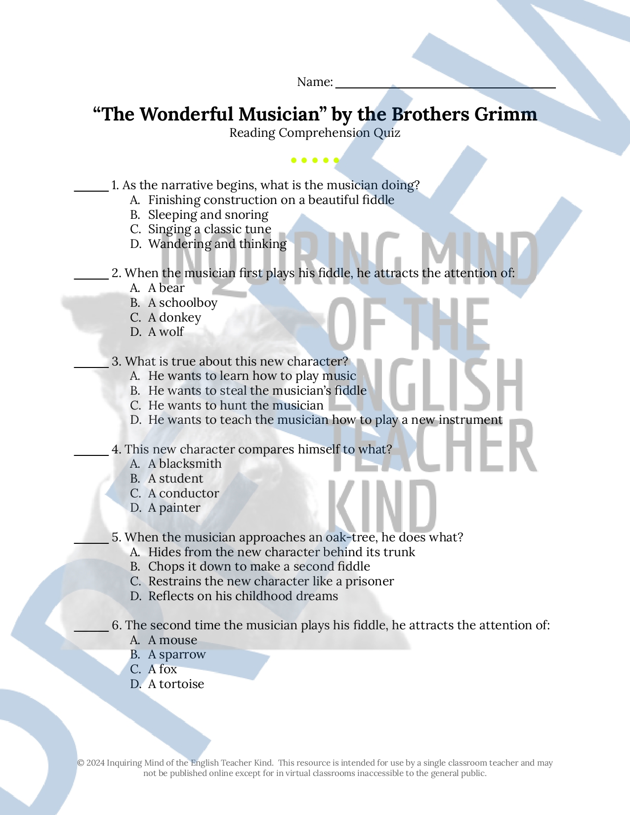 "The Wonderful Musician" by the Brothers Grimm Quiz and Answer Key ...
