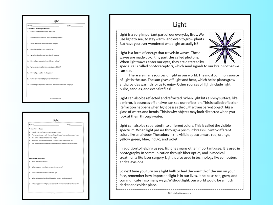 Light Reading Comprehension Passage Printable Worksheet | Teaching ...