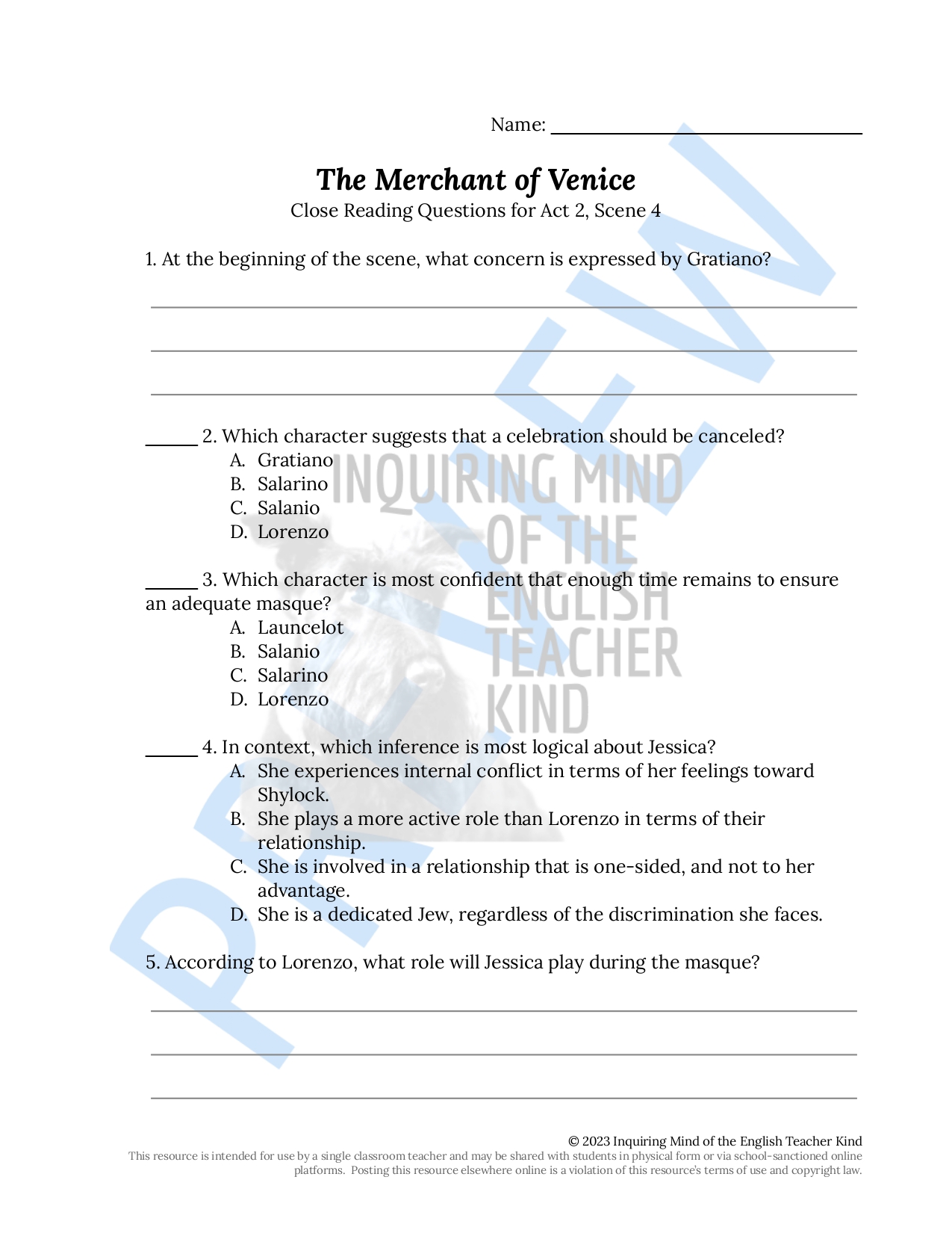 The Merchant of Venice Act 2 Scene 4 Close Reading Analysis Activity | Teaching Resources