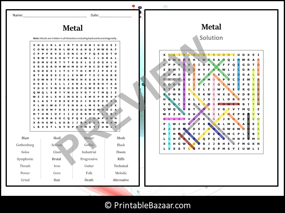Metal Word Search Puzzle Worksheet Activity | Teaching Resources