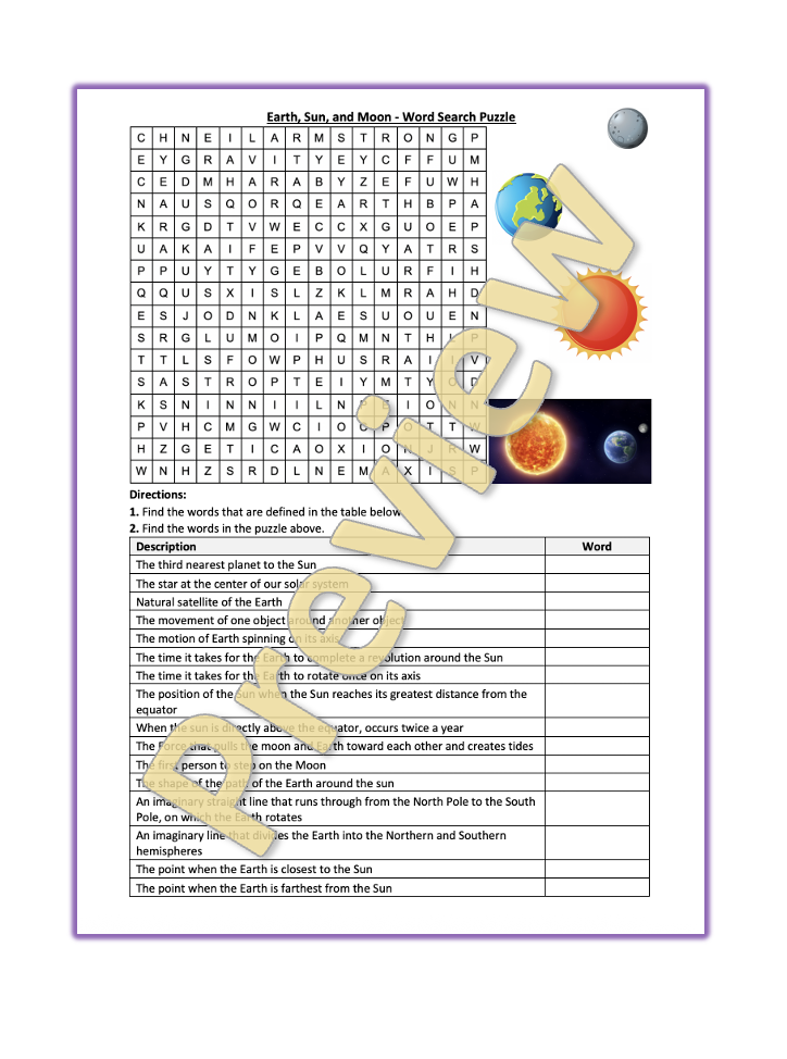 Earth, Sun, and Moon - Word Search Puzzle Worksheet Activity (Printable ...