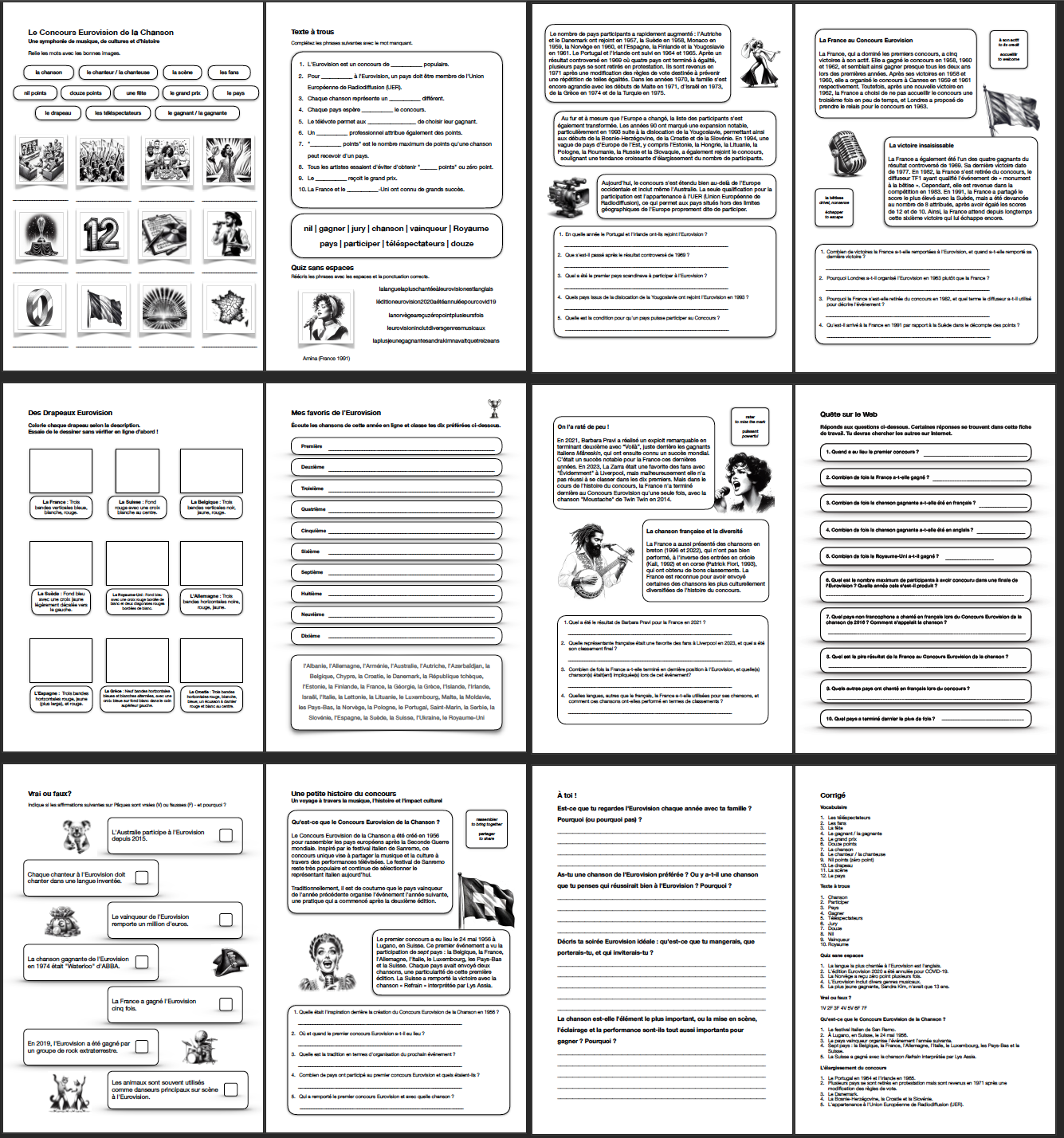French - Eurovision Song Contest Worksheet Pack (Le Concours Eurovision ...