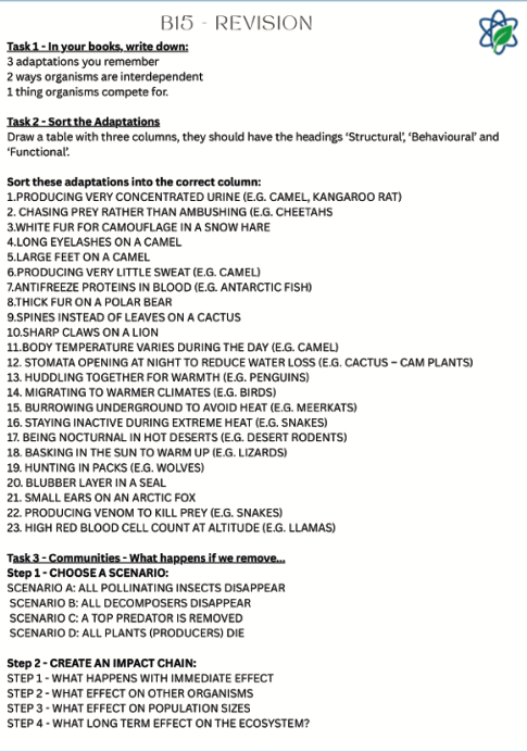 Paper 2 Revision/Worksheet/AQA/Biology/Combined Science/Adaptations ...