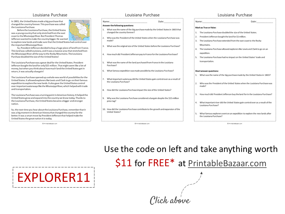 Louisiana Purchase Reading Comprehension Passage Printable Worksheet ...