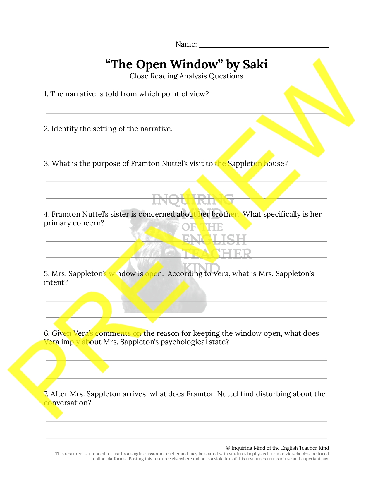 “The Open Window” by Saki Close Reading Analysis Worksheet | Teaching ...