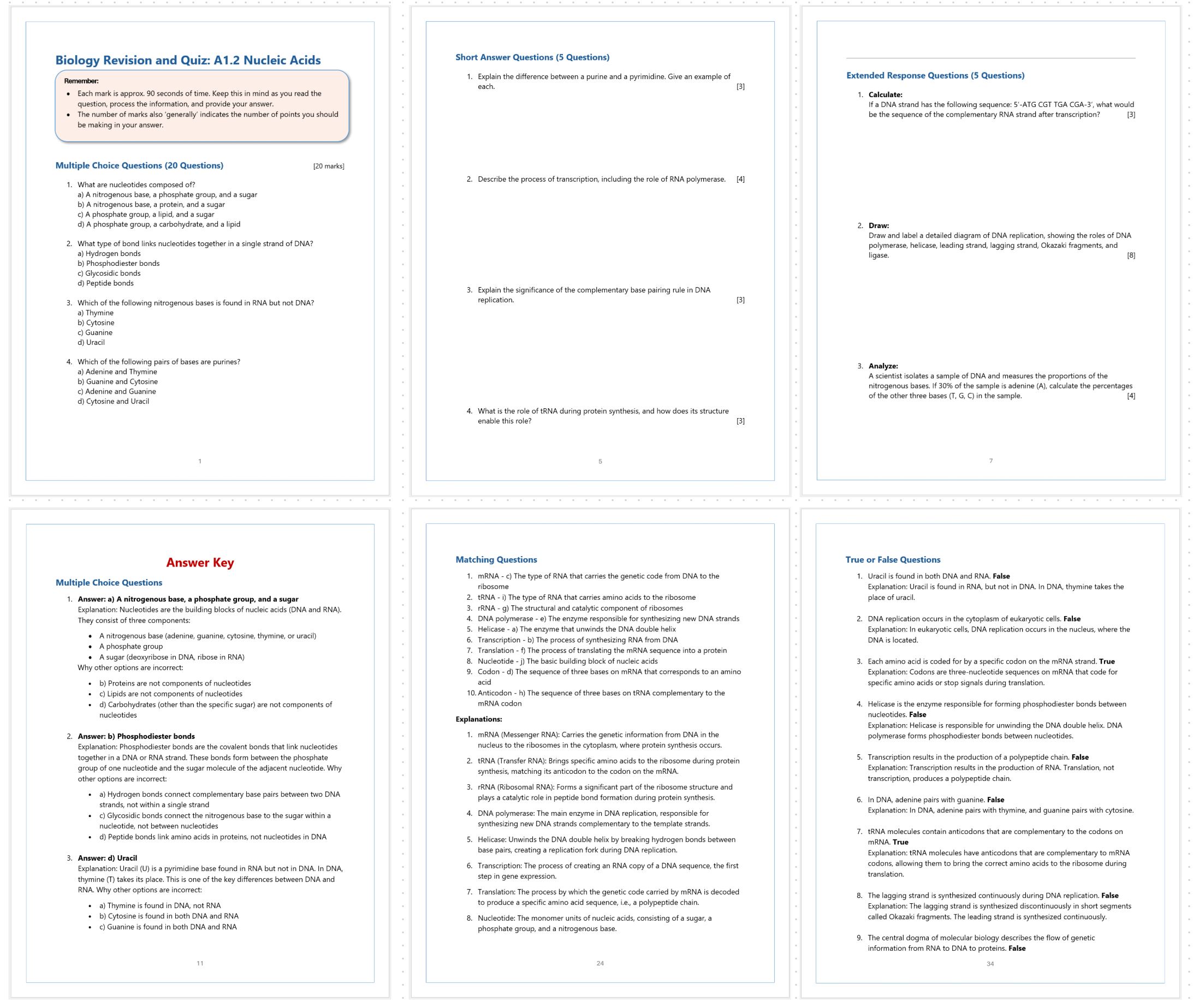 IB DP Biology A1.2 Nucleic Acids Quiz and Revision Worksheets 2026 ...