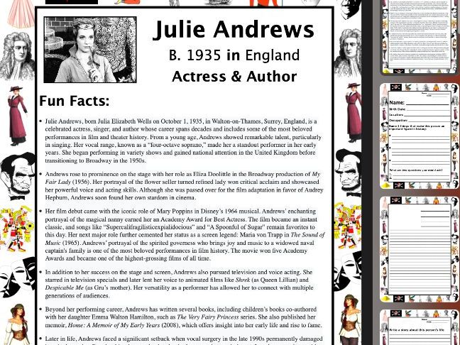 Julie Andrews PACKET & ACTIVITIES, Important Historical Figures Series ...