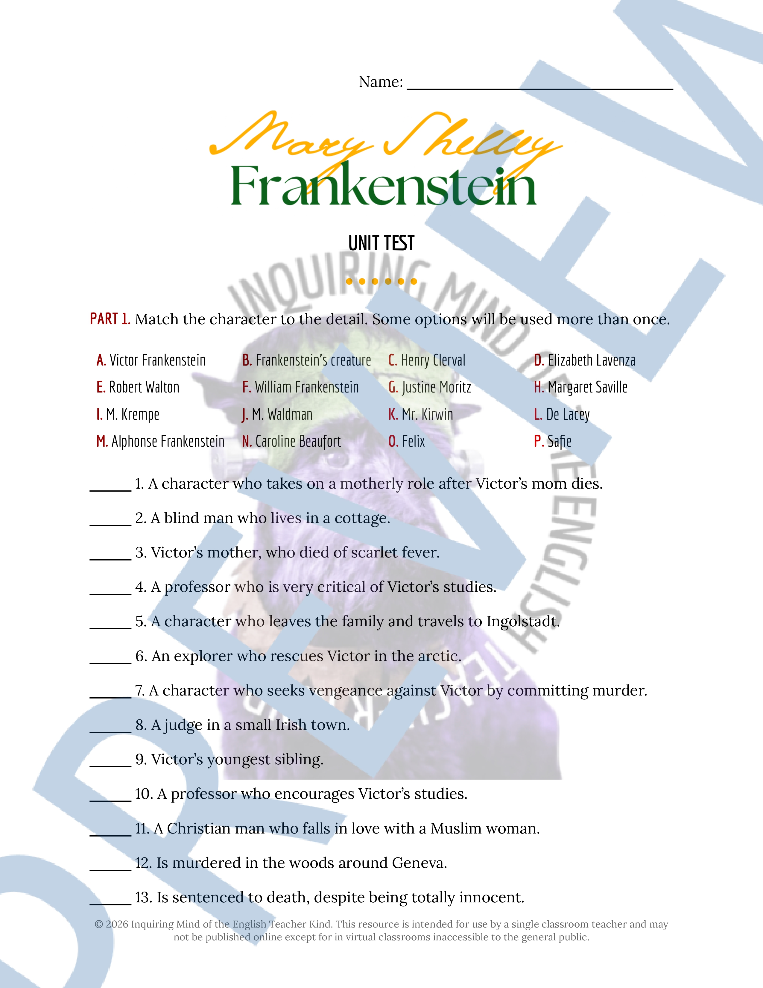 Frankenstein by Mary Shelley Test, Answer Key & Study Guide for High ...