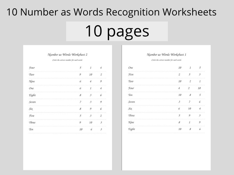 10 Number as Words Recognition Worksheets | Teaching Resources