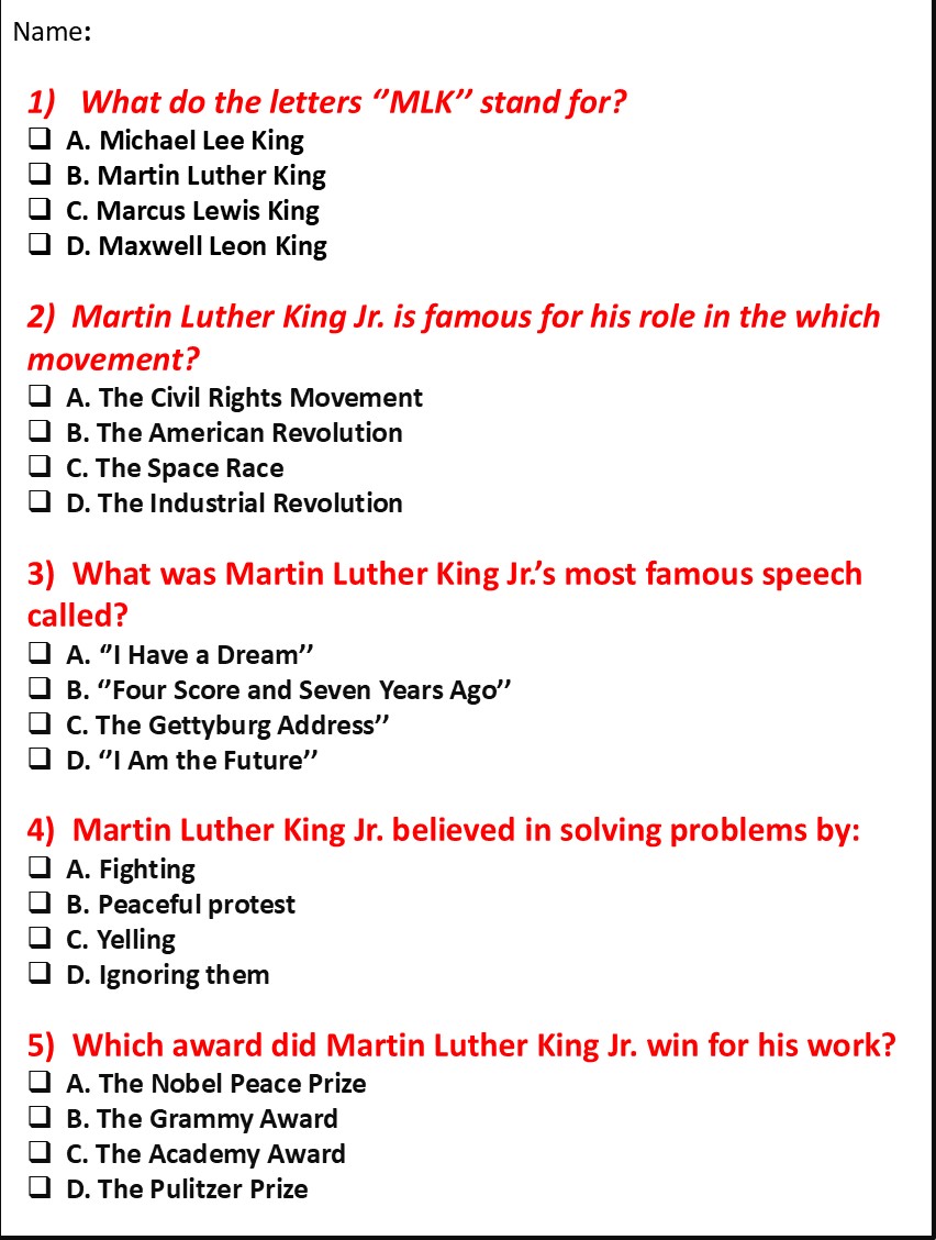 Martin Luther King Jr Quiz – Elementary MLK Day Activity with Answer ...