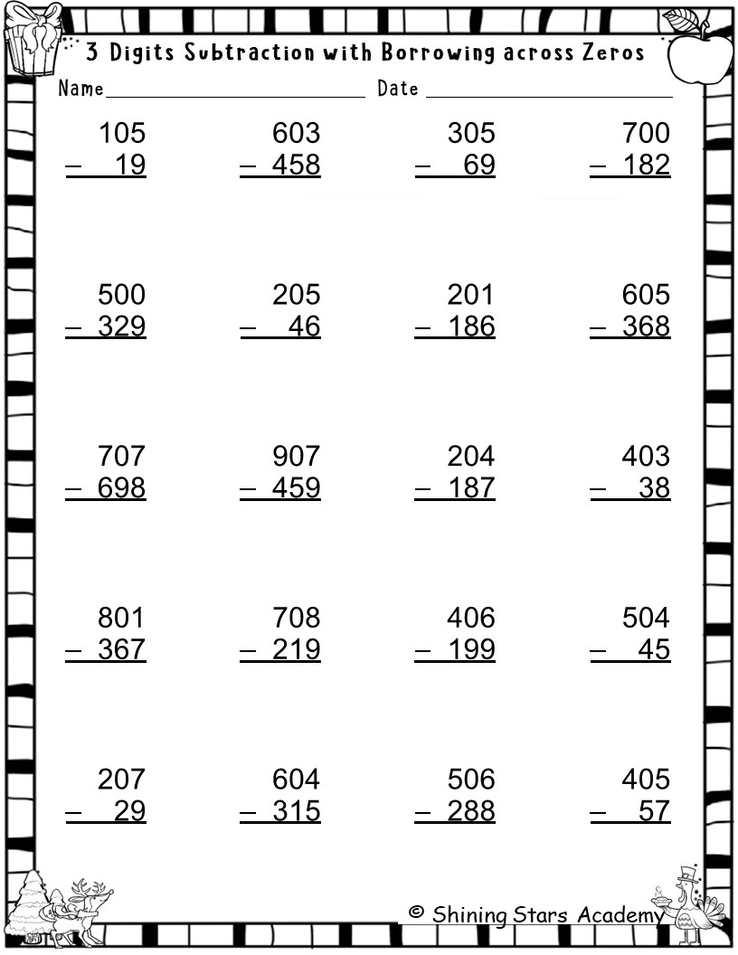 3 Digits Subtraction With Borrowings Across Zeros Worksheets Math